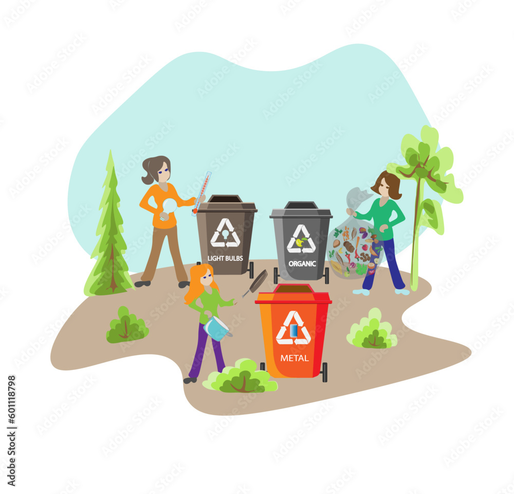 Waste segregation. Sorting garbage by material and type in colored ...