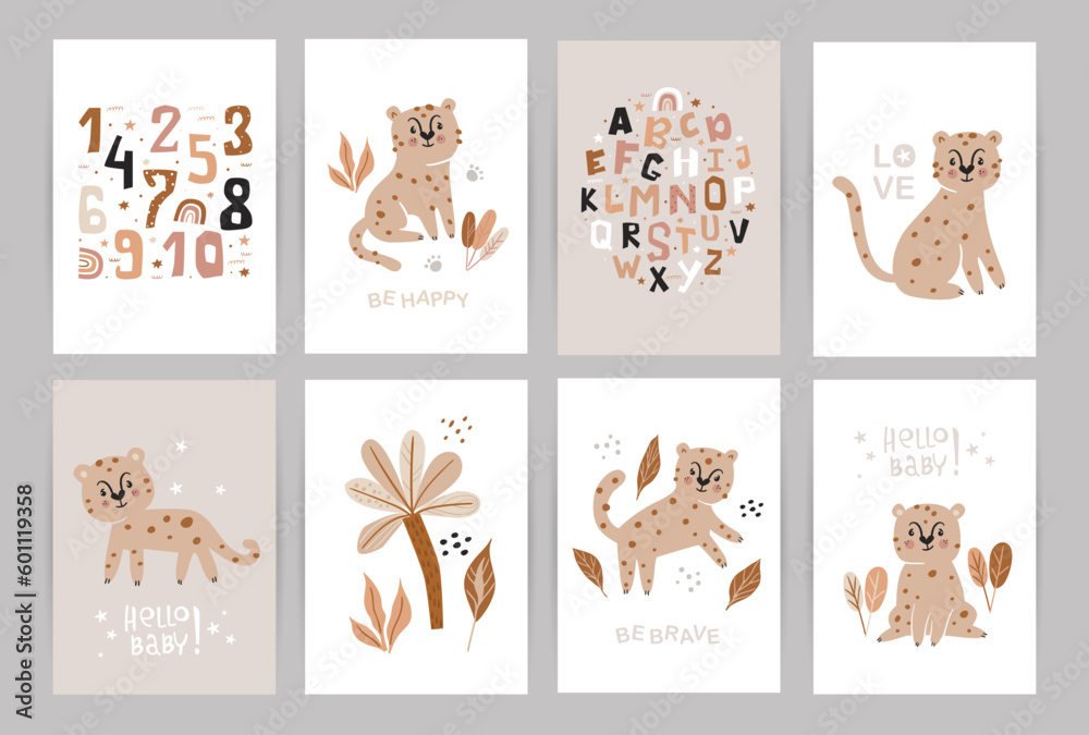Set of posters with cute cheetahes, alphabet and numbers Stock Vector ...