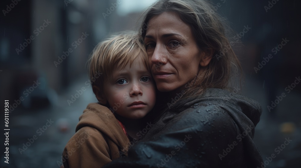 A poor mom hugging her son in the street under the rainy sky, homeless ...
