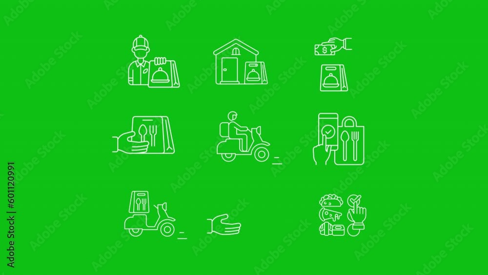 Food ordering white animation set. Animated home delivery white line ...