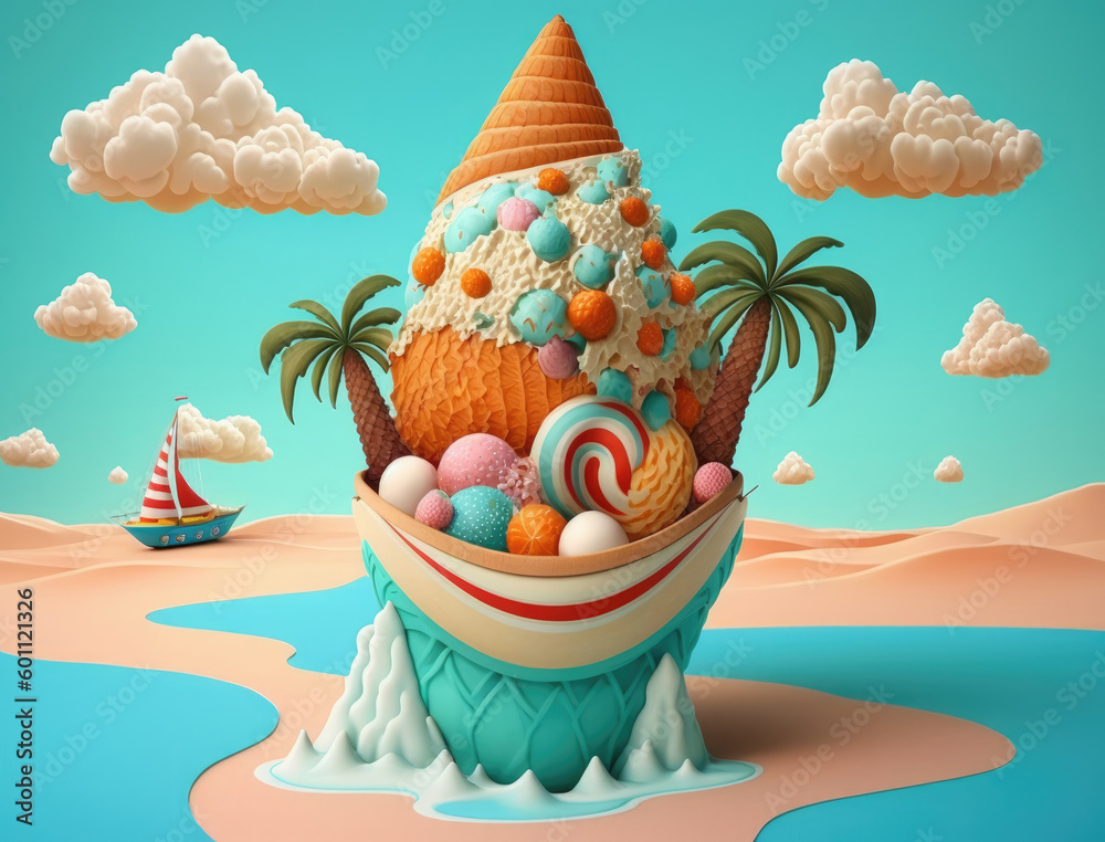 Ice cream. Ice cream land. Fairy tale tropical island made in ice cream ...