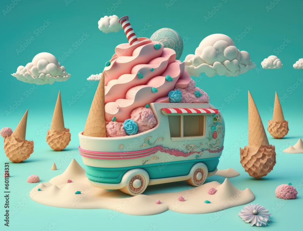 Ice cream truck. Ice cream van. Fairy tale ice cream bus made in ice ...