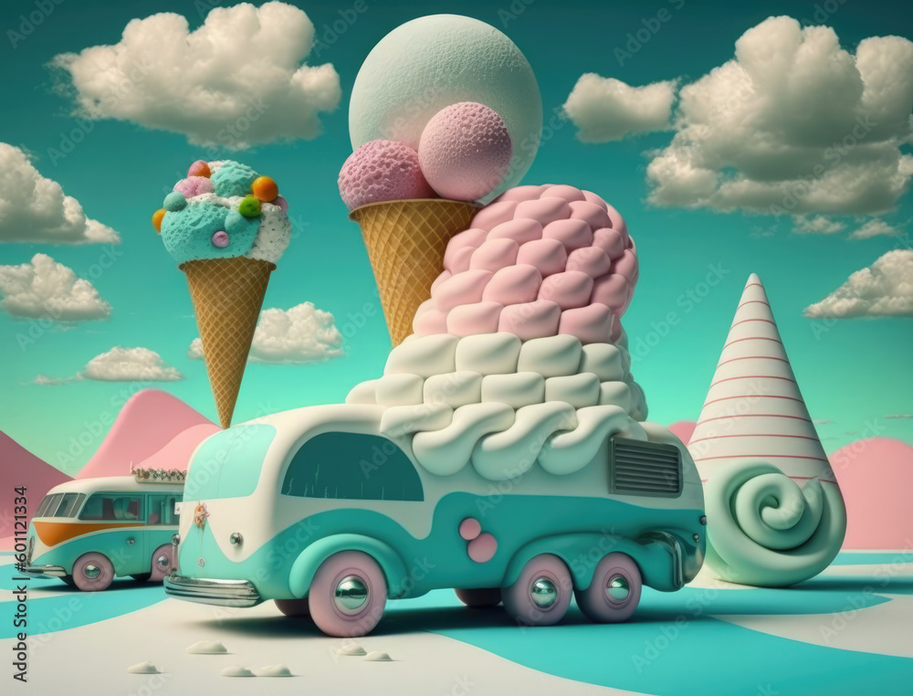 Ice cream van. Ice cream truck. Fairy tale ice cream bus made in ice ...