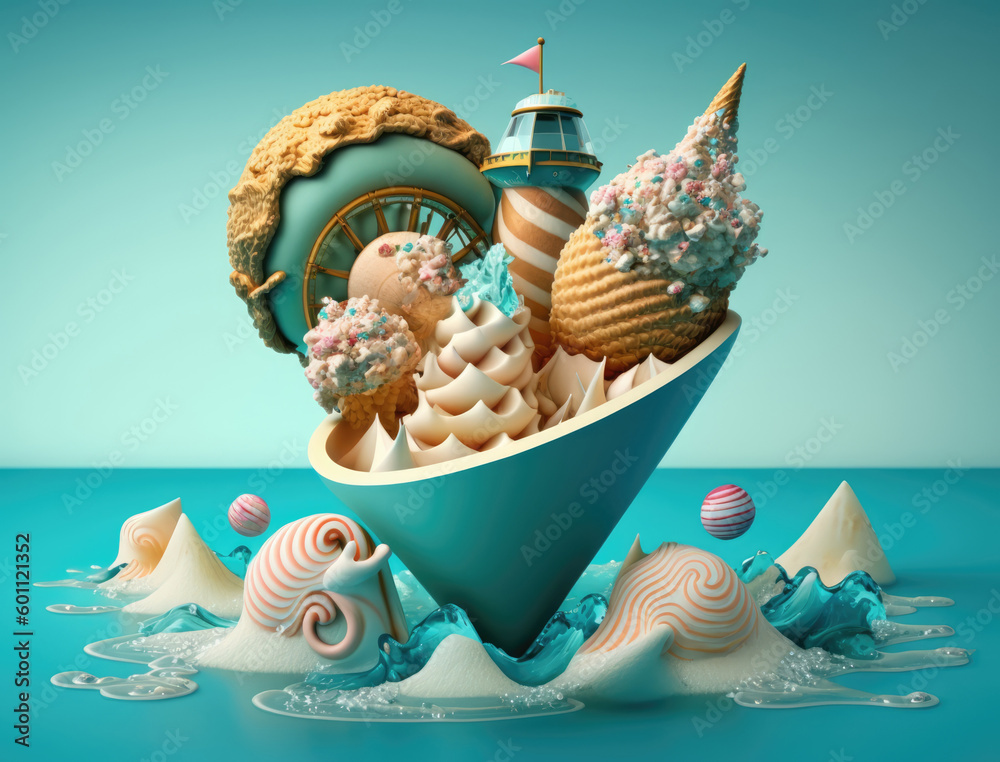 Ice cream. Ice cream land. Fairy tale boat made in ice cream, waffle ...