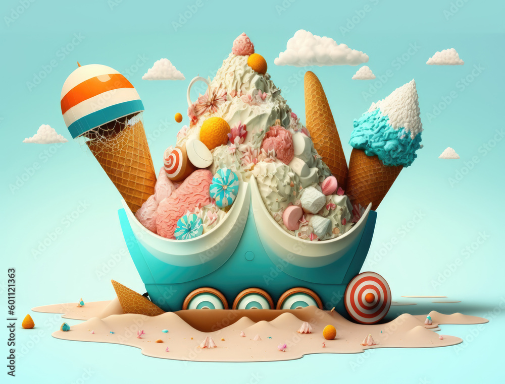Ice cream. Summer holiday in Ice cream land. Fairy tale boat made in ...