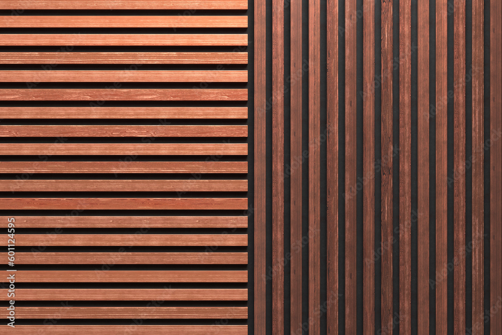A wall of wooden slats in the color of natural light wood and dark wood ...