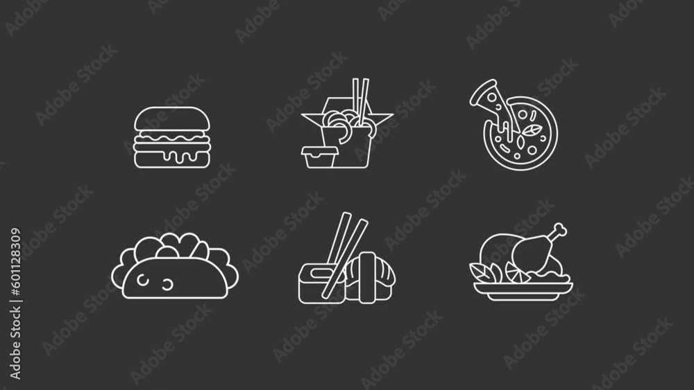 Animated popular dishes white icons. World cuisine line animation ...