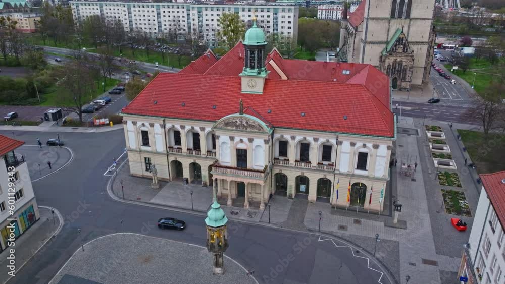 Drone shot of Magdeburg old city hall ( Rathaus der Landeshauptstadt ...