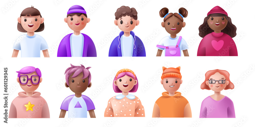 3D kid avatar set, cute face smile child icon, vector young school teen ...