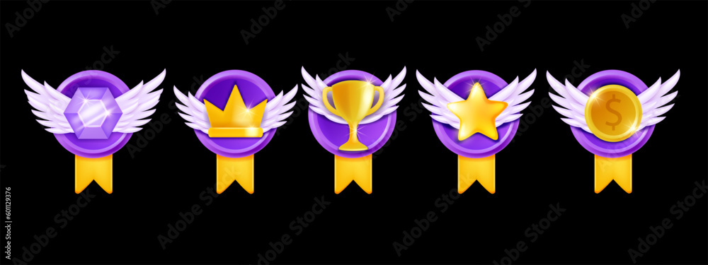 3D game badge set, vector level up medal icon kit, golden rank crown ...