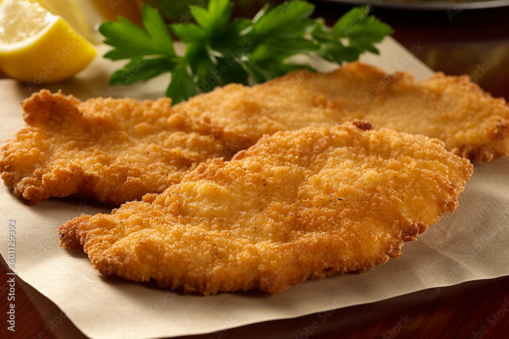 tasty wiener schnitzel on a wooden board and paper with parsley and a ...
