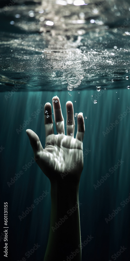 Generative AI illustration of despair drowning male hand underwater in ...