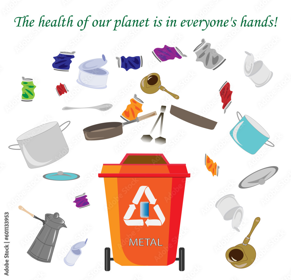 Waste segregation. Sorting garbage by material and type in colored ...