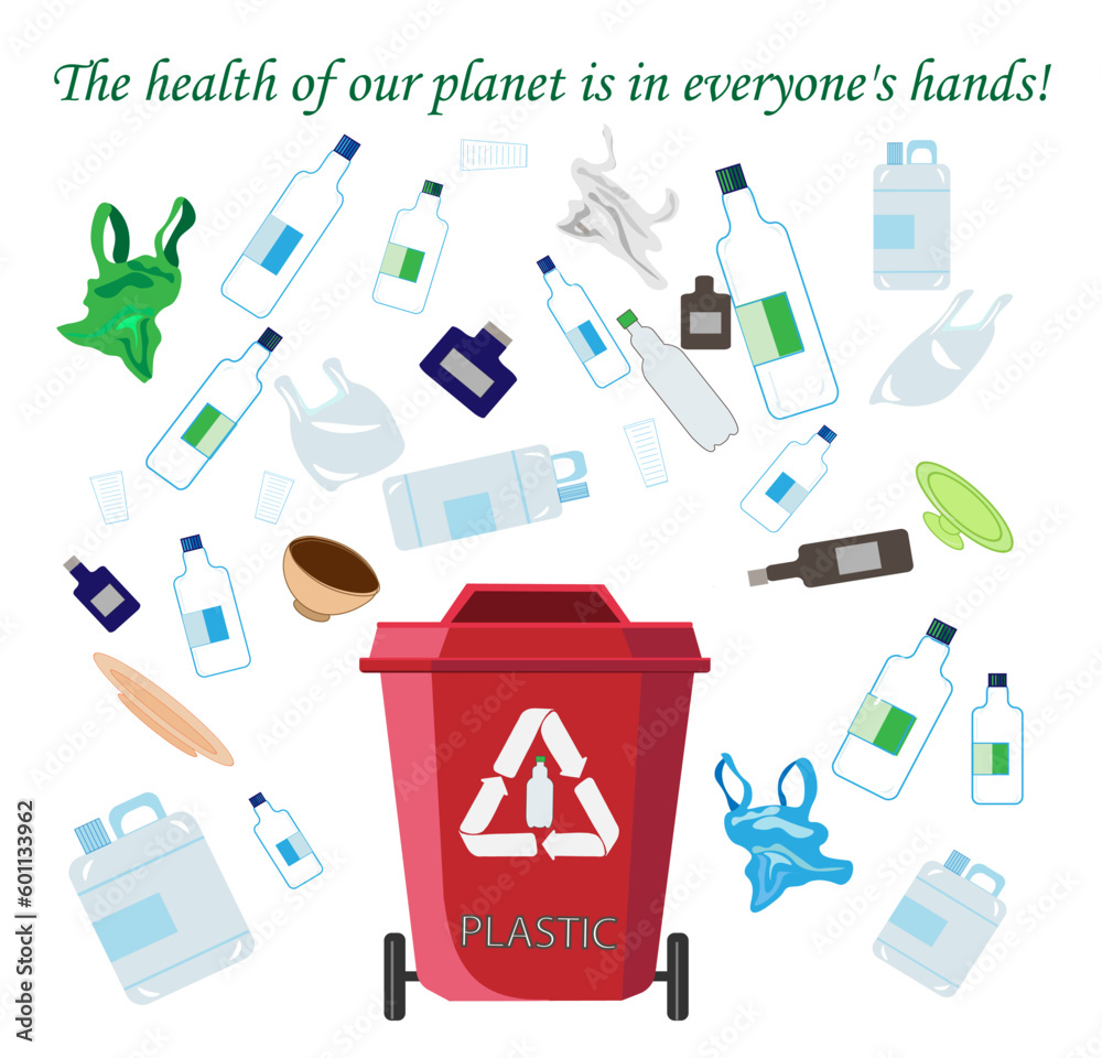 Waste segregation. Sorting garbage by material and type in colored ...