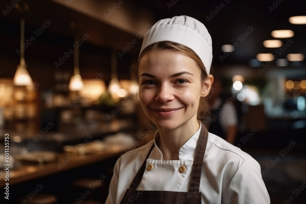 Portrait of a proud chef in the kitchen of her restaurant. Composite ...