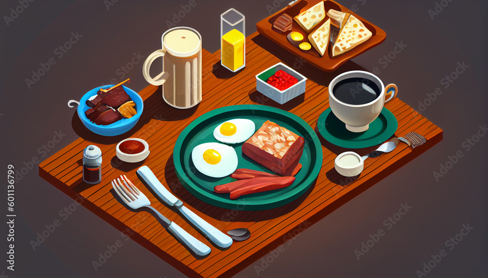 isometric Breakfast food and drinks background. Breakfast and kitchen ...