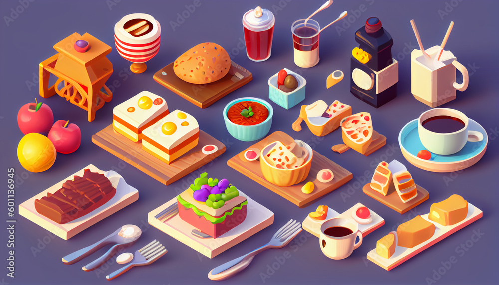 isometric Breakfast food and drinks background. Breakfast and kitchen ...