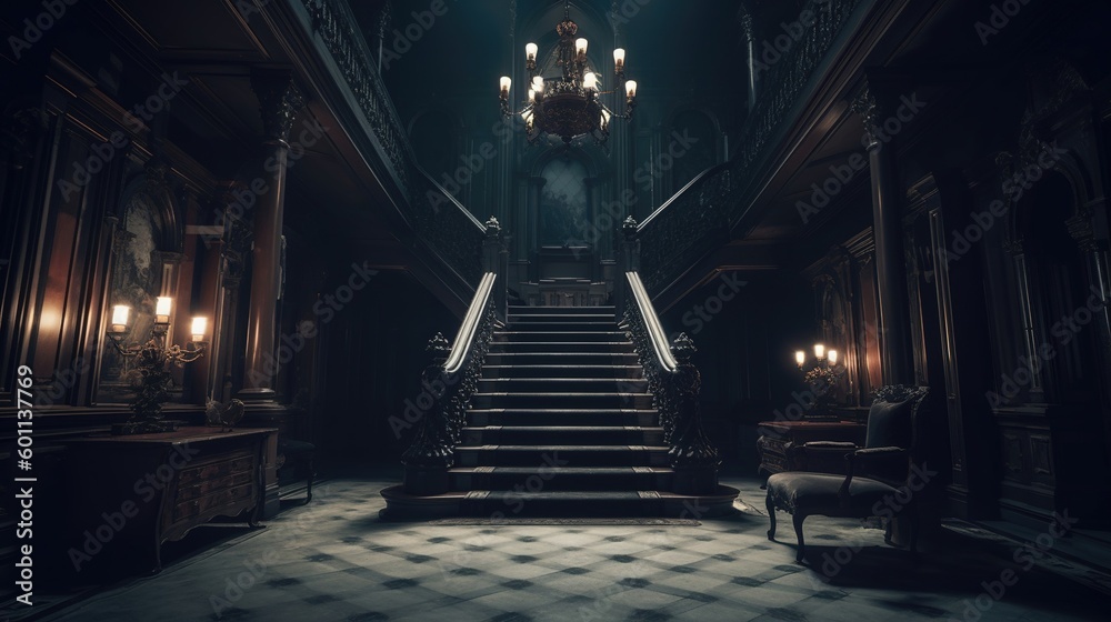 Dark gothic mansion hall in victorian style interior with staircase and ...