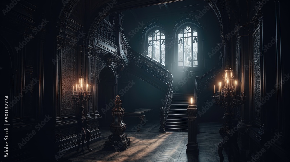 Dark gothic mansion hall in victorian style interior with staircase and ...