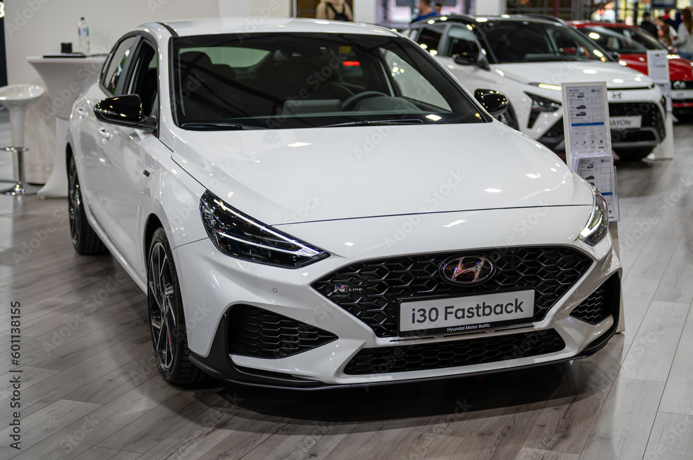 Hyundai i30 fastback premiere at a motor show, model 2023, front view ...