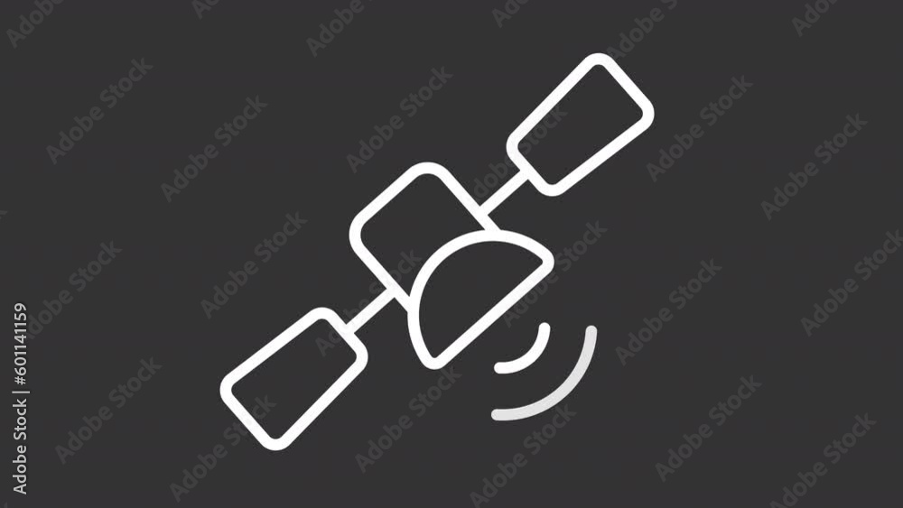 Animated satellite white line icon. Spacecraft transmitts signal ...