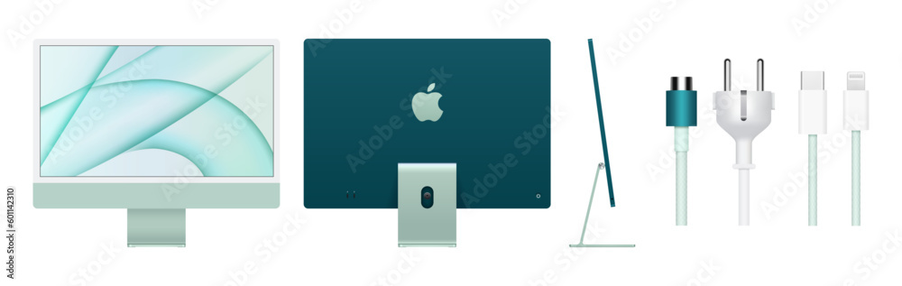 Set of new green Apple iMac equipment, which transformed by the M1 chip ...