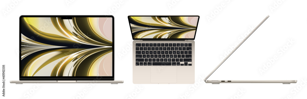 Set of new Apple MacBook Air with M2 chip in starlight color, realistic ...
