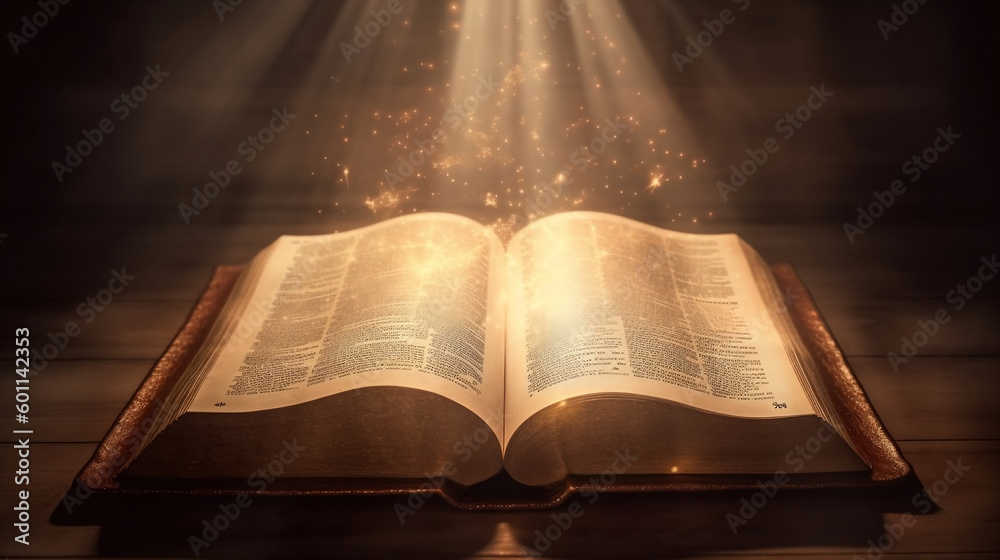Holy Bible with Beams of light and golden Orbs Stock Illustration ...