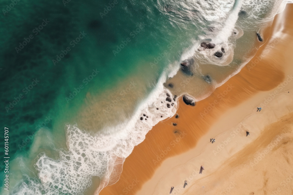 An aerial view of a beach and ocean captures the natural beauty of the ...