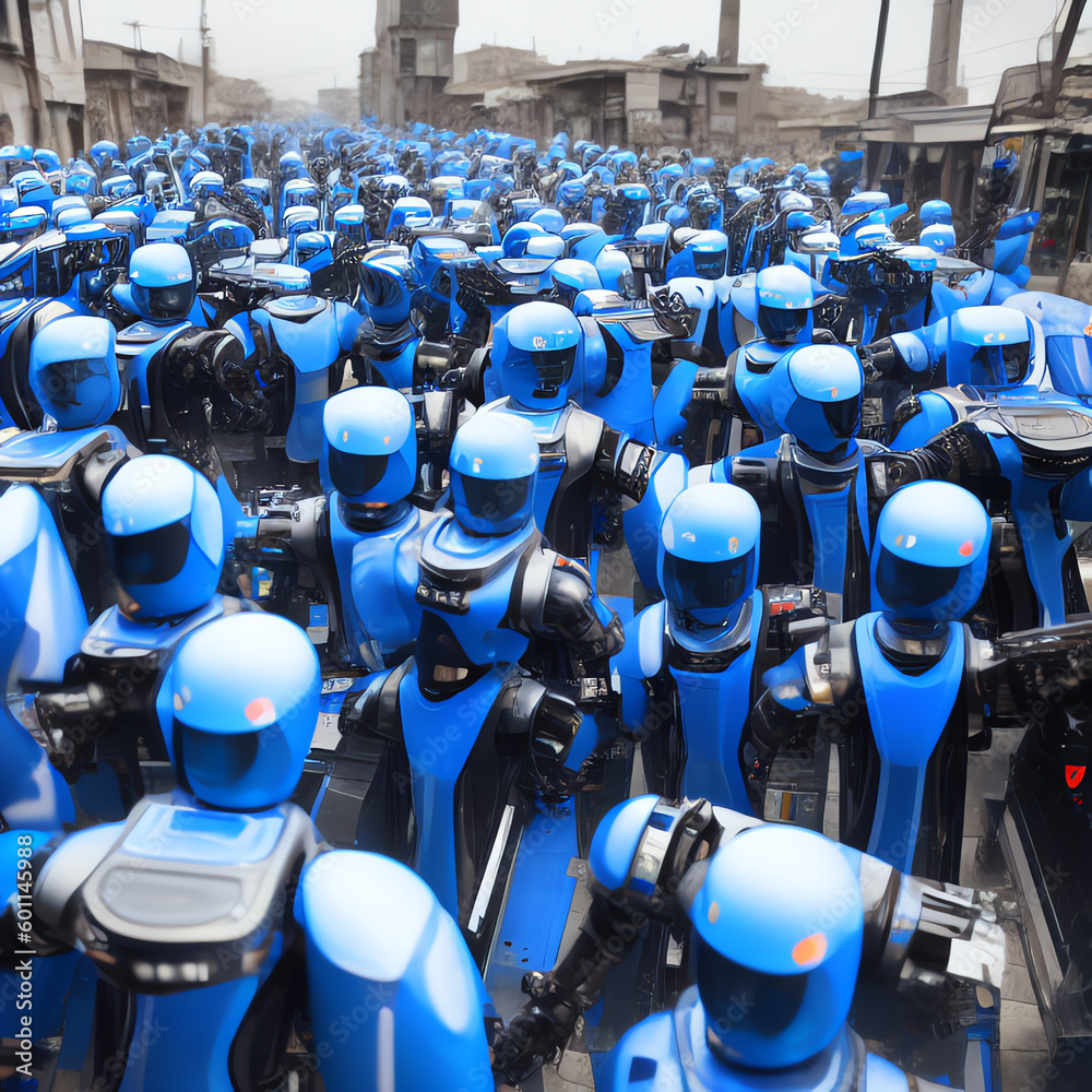 Hundreds of light blue robots march through a village, creating a sense ...