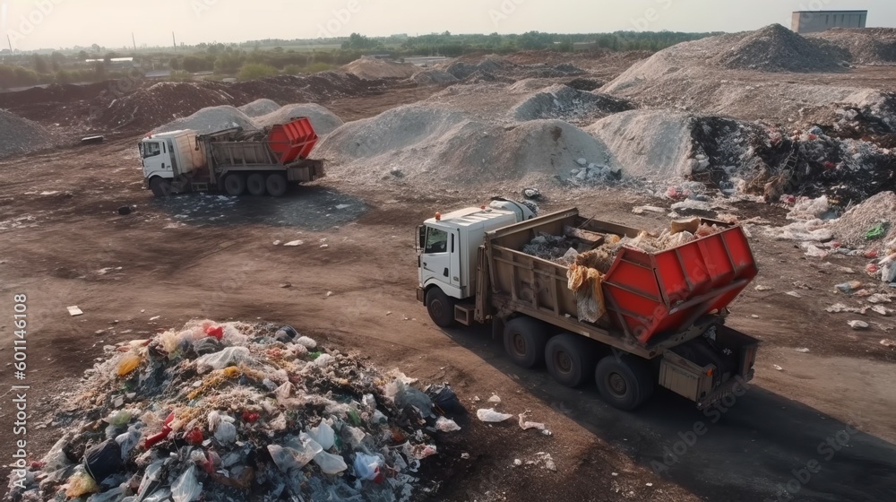 Landfill waste disposal. Garbage dump with waste plastic and ...