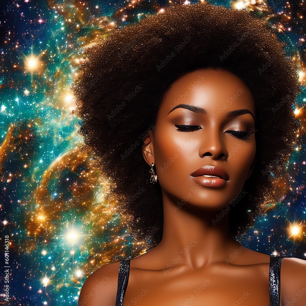 Photorealistic portrait of a black woman with afro hairstyle in a ...