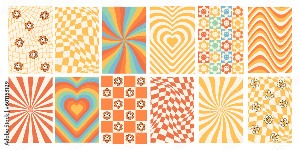 Groovy checkered patterns, radial lines, happy daisy flowers, hearts ...