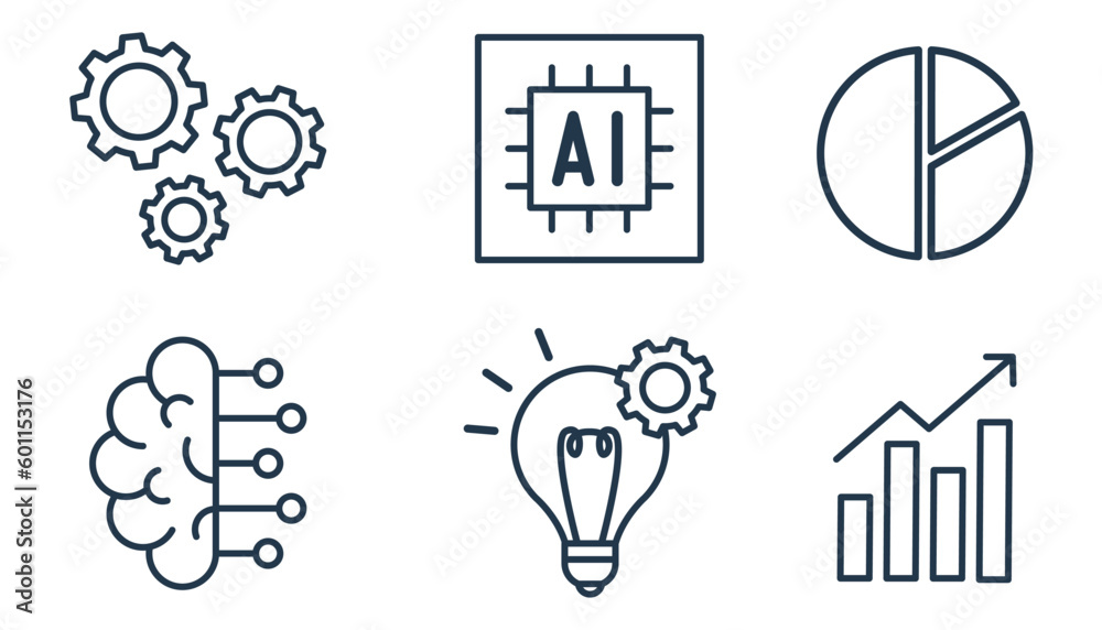 Science and AI elements outline vector illustrations set. Collection of ...
