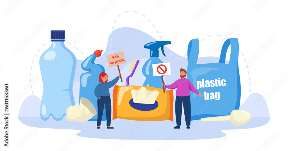 Vetor de Tiny people with ban on plastic placards vector illustration ...
