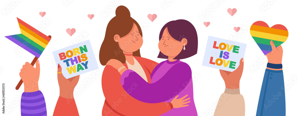 People supporting happy lesbian couple vector illustration. Cartoon ...