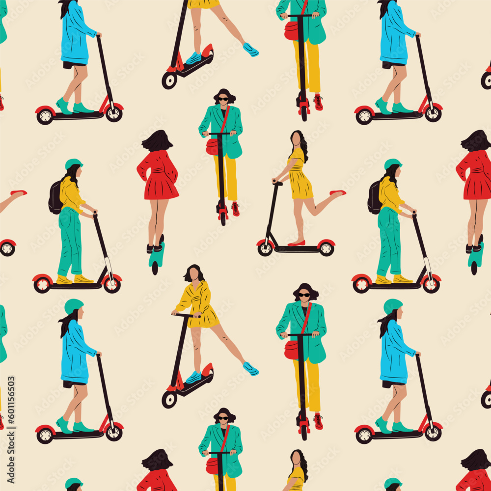 Seamless pattern with Young female characters with backpack ride modern ...