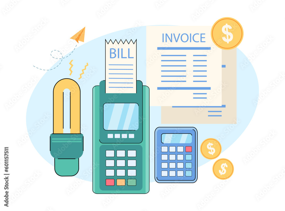 Payment terminal with utility bill vector illustration. Cartoon drawing ...
