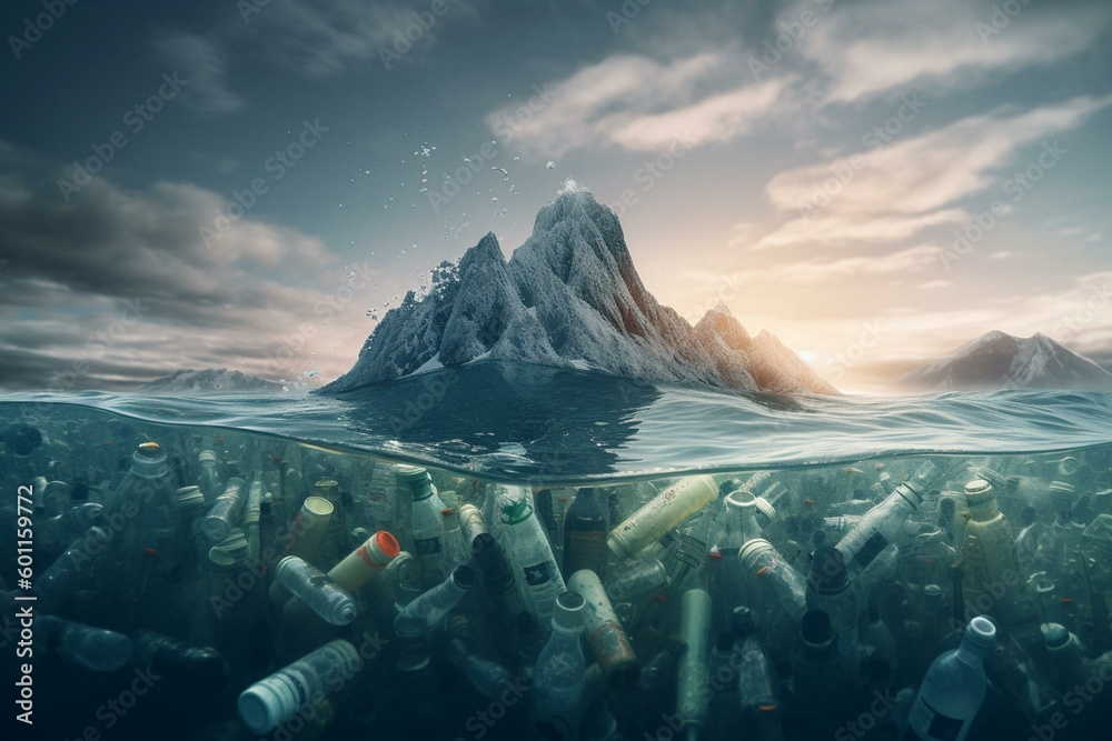 3D illustration of plastic bottles floating in the ocean as an iceberg ...