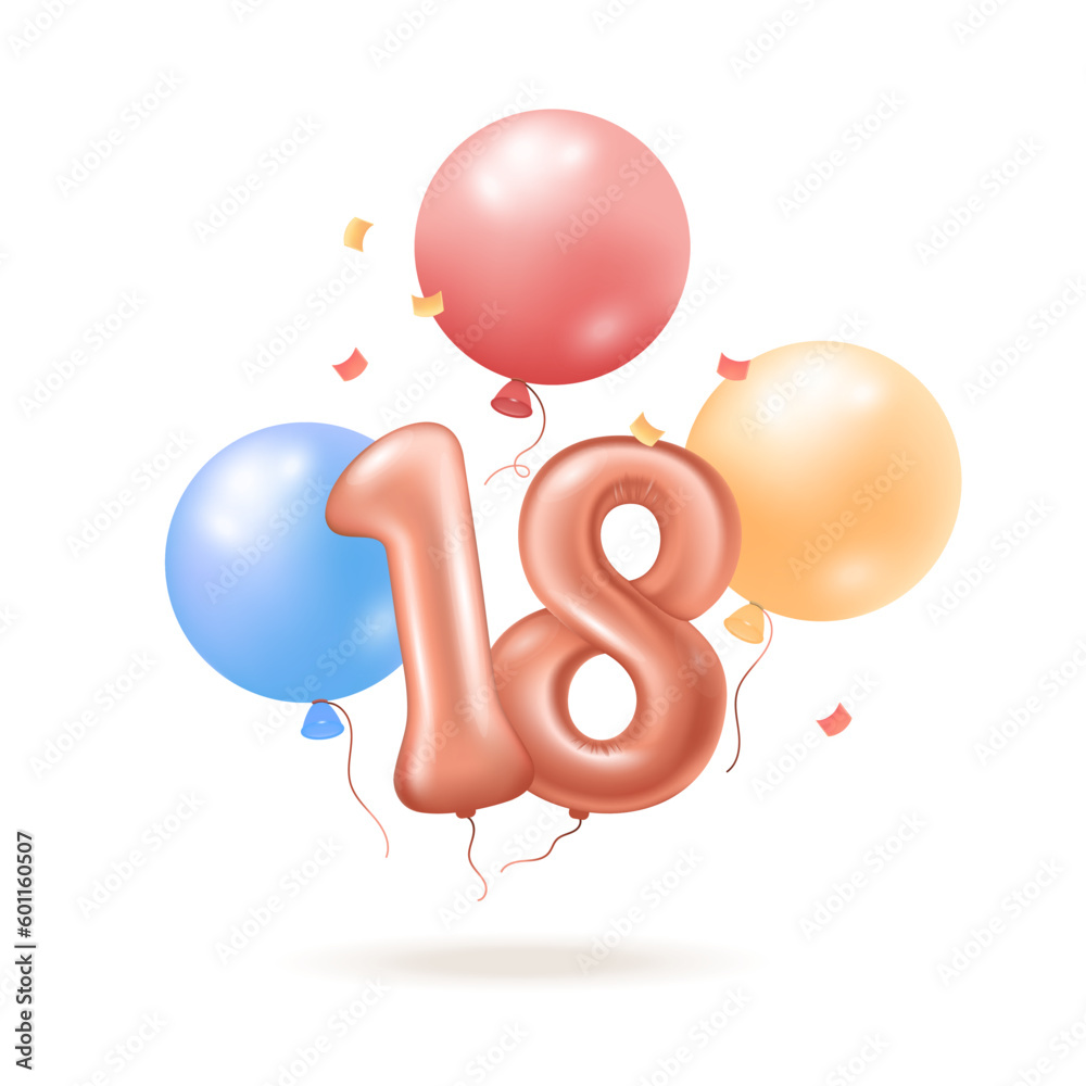 Birthday balloons 3d vector illustration. 18th birthday decoration icon ...