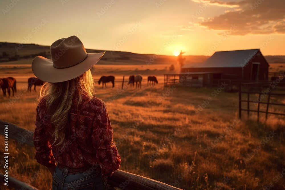 Serene image of a cowgirl watching the sun rise over the ranch, with ...
