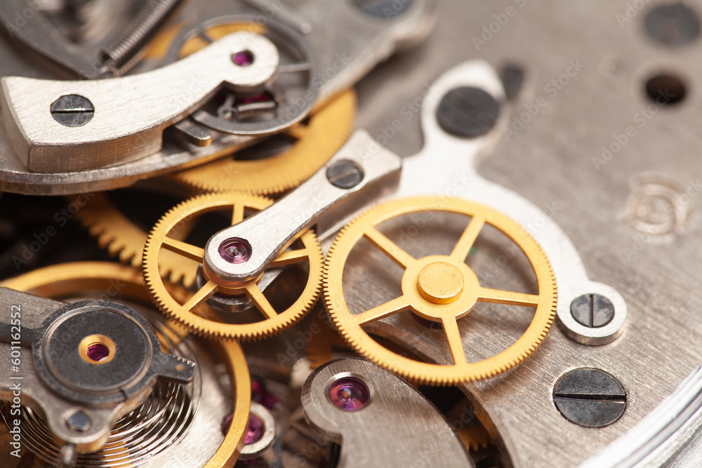 Mechanism, clockwork of a stopwatch close-up. Time, work concept Stock ...