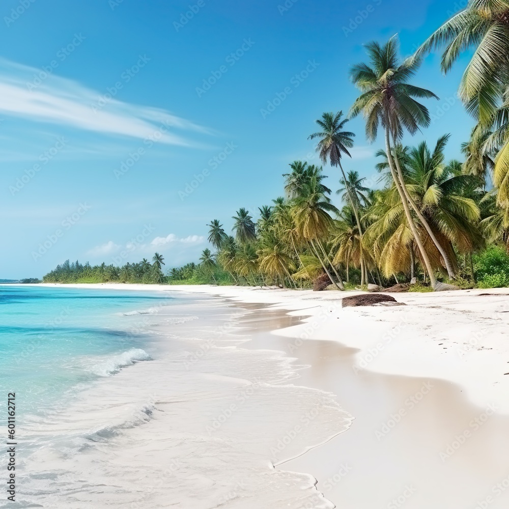 Wunderschönes tropisches Strandbild. Weißer Sand und Kokospalmen reisen ...