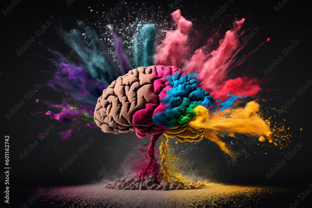 Concept art of a human brain exploding with knowledge, creativity ...