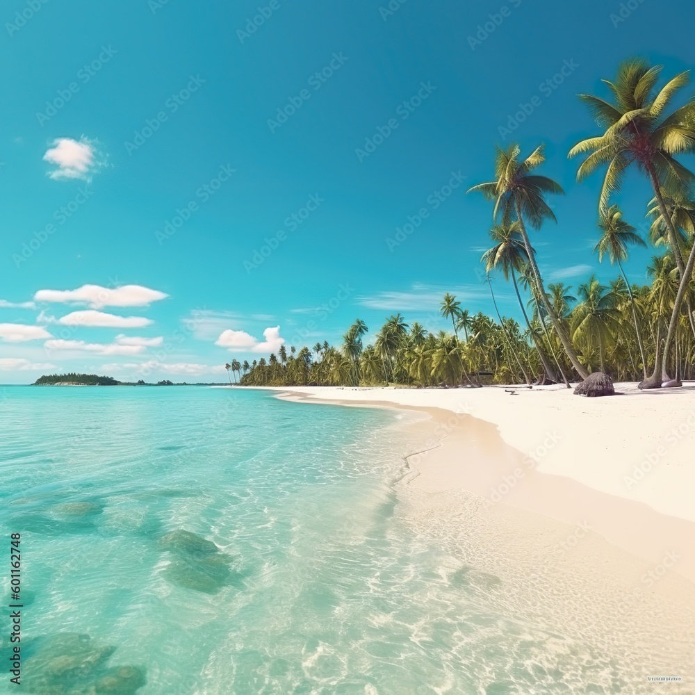 Wunderschönes tropisches Strandbild. Weißer Sand und Kokospalmen reisen ...