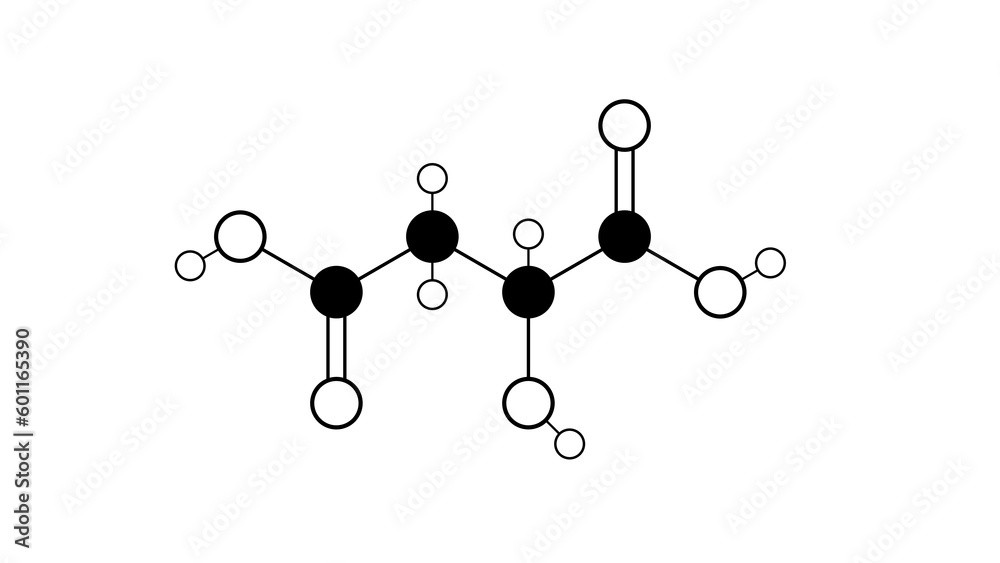 malic acid molecule, structural chemical formula, ball-and-stick model ...