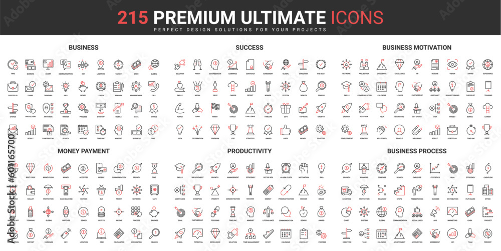 Business success thin line red black icons set vector illustration. Abstract symbols of business ...
