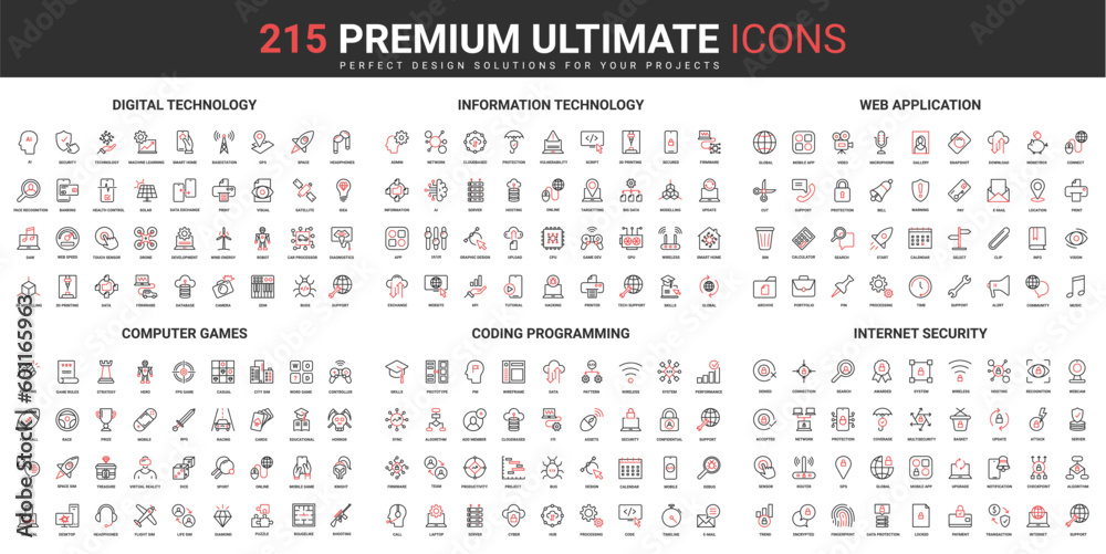 Information technology, internet thin line red black icons set vector ...