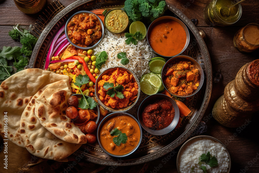 Poster overhead view of a thali, a traditional Indian platter, filled ...