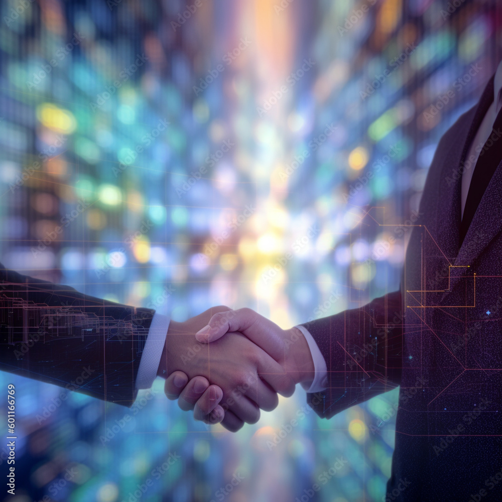 A handshake between two businessmen in front of a blurred background of ...